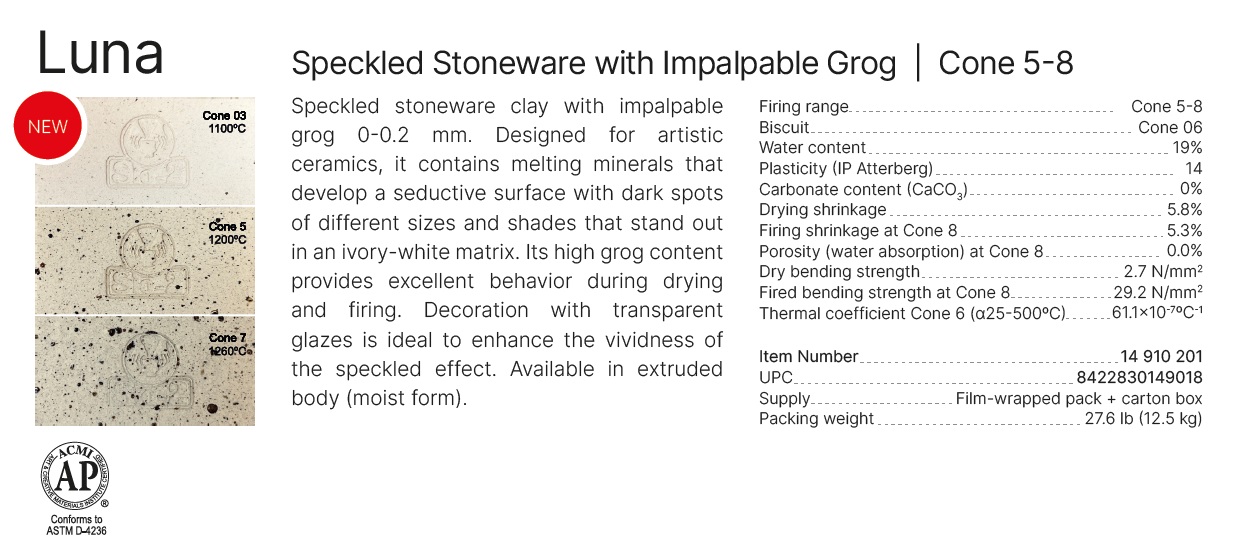 SIO-2® LUNA Speckled Stoneware Clay with Impalpable Grog, 27.6 lb